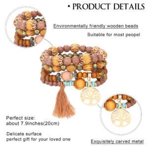 YADOCA 6 Sets Bohemian Wood Beaded Bracelets Set for Women Multilayer Stretch Tassel Bracelets Set Elephant Charm Love Statement Bangles