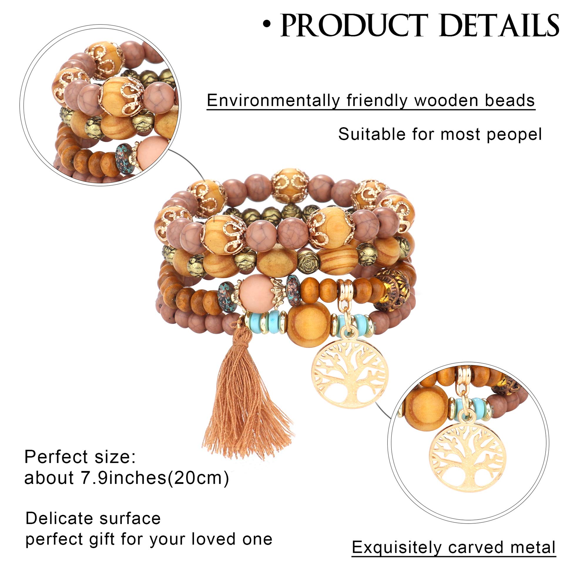 YADOCA 6 Sets Bohemian Wood Beaded Bracelets Set for Women Multilayer Stretch Tassel Bracelets Set Elephant Charm Love Statement Bangles