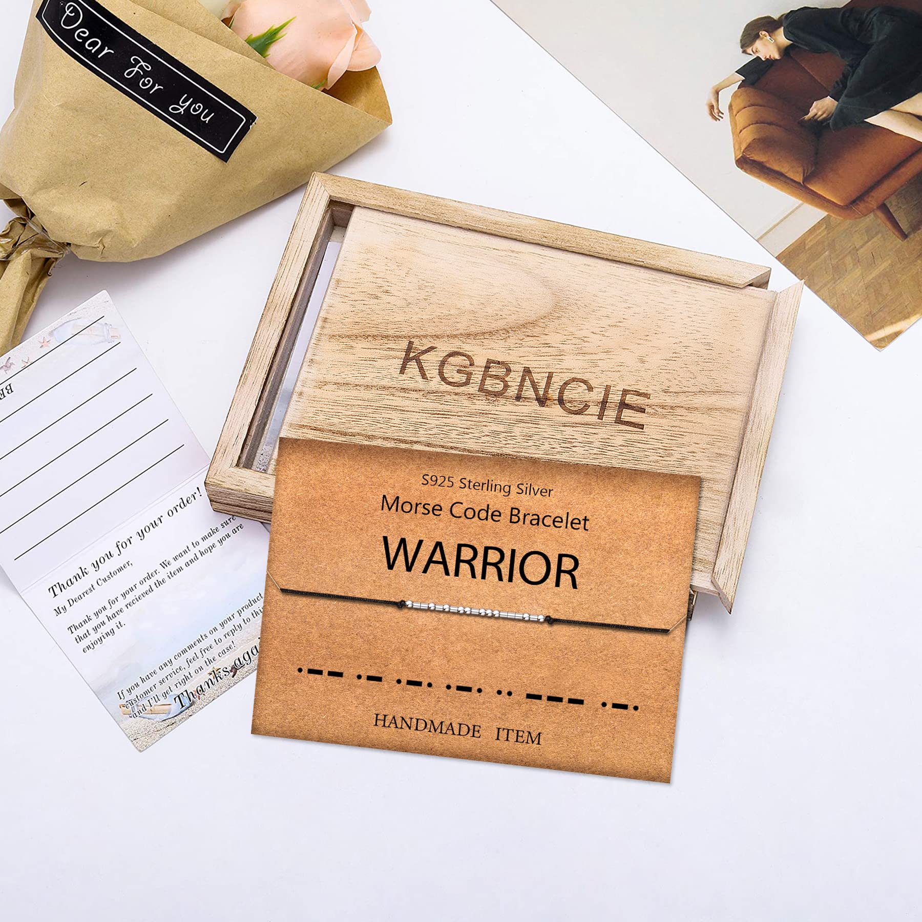 KGBNCIE WARRIOR Bracelet Morse Code Jewelry Gift for Her 925 Sterling Silver Bracelet Beads on Silk Cord Inspirational Gift for Women