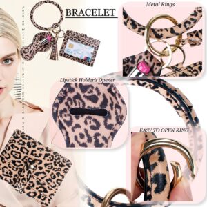 BIHRTC Wristlet Bracelet Keychain Card Holder Key Bangle PU Leather Wristlet Keyring Bracelets Tassel Keychain Round Key Ring with Charpstick Holder for Girls Leopard