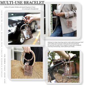 BIHRTC Wristlet Bracelet Keychain Card Holder Key Bangle PU Leather Wristlet Keyring Bracelets Tassel Keychain Round Key Ring with Charpstick Holder for Girls Leopard