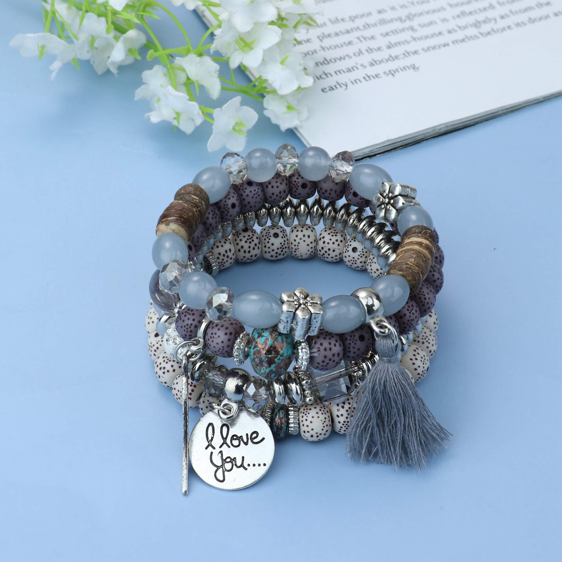 YADOCA 6 Sets Bohemian Wood Beaded Bracelets Set for Women Multilayer Stretch Tassel Bracelets Set Elephant Charm Love Statement Bangles