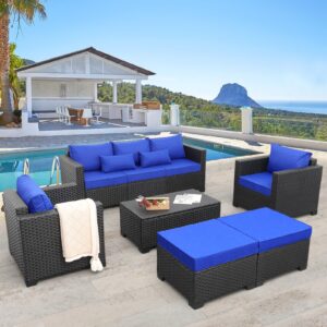 6 pieces patio wicker furniture set outdoor pe rattan conversation couch sectional chair sofa set with royal blue cushions