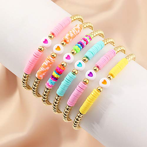 COLORFUL BLING 6Pcs/Pack Gold Beaded Bracelet Rainbow Vinyl Disc Ball Srting Stretch Heart Shaped Bracelets Cuff Bangle Set for Women Jewelry-6pcs