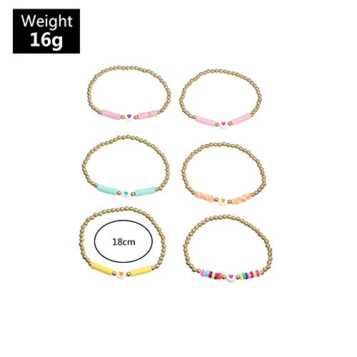 COLORFUL BLING 6Pcs/Pack Gold Beaded Bracelet Rainbow Vinyl Disc Ball Srting Stretch Heart Shaped Bracelets Cuff Bangle Set for Women Jewelry-6pcs