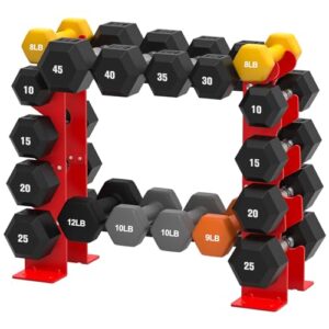 fisup weight rack for dumbbells, dumbbell rack stand only 450lbs capacity weight rack for home gym strength training dumbbell racks red and black 5 tier，suitable for 8-30 lbs