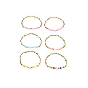 COLORFUL BLING 6Pcs/Pack Gold Beaded Bracelet Rainbow Vinyl Disc Ball Srting Stretch Heart Shaped Bracelets Cuff Bangle Set for Women Jewelry-6pcs