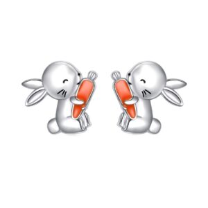 easter gifts bunny stud earrings for women lady 925 sterling silver rabbit with carrot earrings cute animal jewelry (bunny & carrot earrings)