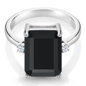 Gem Stone King 925 Sterling Silver Black Onyx and White Created Sapphire Ring For Women (6.68 Cttw, Emerald Cut 14x10MM, Gemstone December Birthstone, Available In Size 5, 6, 7, 8, 9)