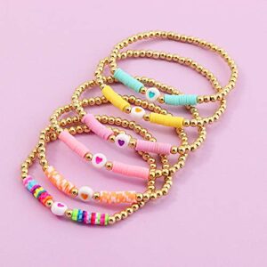 COLORFUL BLING 6Pcs/Pack Gold Beaded Bracelet Rainbow Vinyl Disc Ball Srting Stretch Heart Shaped Bracelets Cuff Bangle Set for Women Jewelry-6pcs