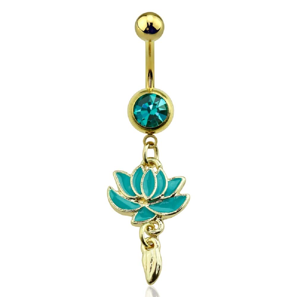 Pierced Owl 14G Gold Plated Stainless Steel Teal Crystal Lotus Flower Dangling Belly Button Ring