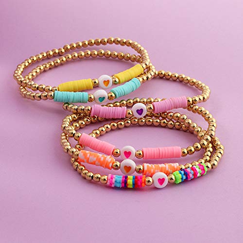 COLORFUL BLING 6Pcs/Pack Gold Beaded Bracelet Rainbow Vinyl Disc Ball Srting Stretch Heart Shaped Bracelets Cuff Bangle Set for Women Jewelry-6pcs