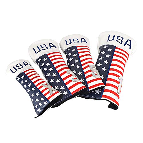 COOLSKY 4PCS Golf Head Cover USA American Flag Design Pattern for Driver/Fairway Wood/Hybrid Patriot Synthetic Leather Headcover