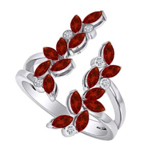 14k White Gold Plated 925 Sterling Silver Simulated Garnet & Diamond Accent Unique Adjustable Open Petal Wedding Engagement Anniversary Ring for Women Men