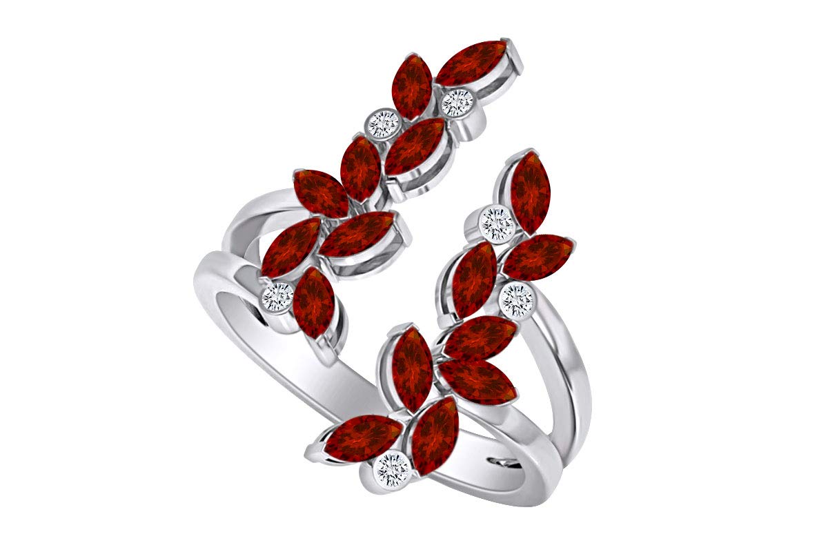 14k White Gold Plated 925 Sterling Silver Simulated Garnet & Diamond Accent Unique Adjustable Open Petal Wedding Engagement Anniversary Ring for Women Men