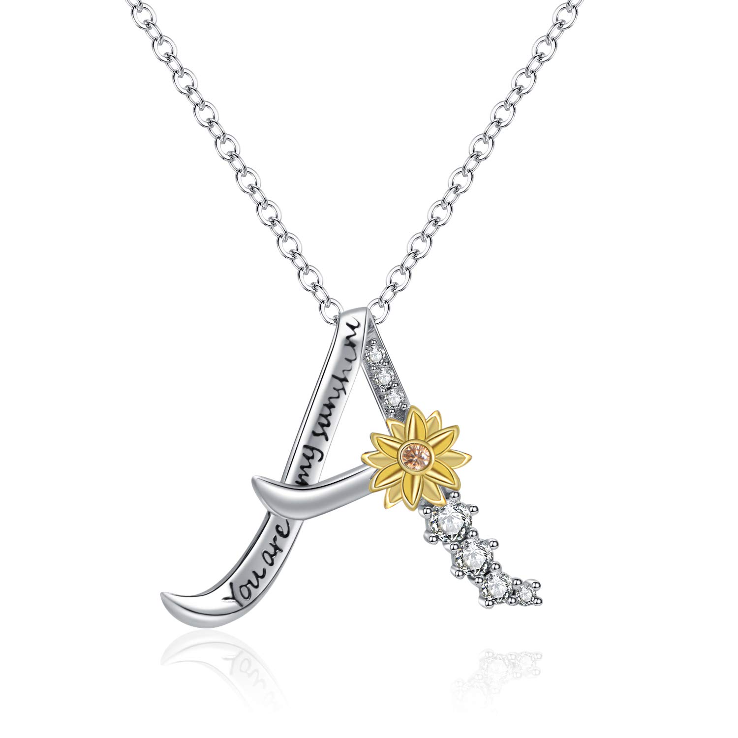 Sterling Silver Sunflower You Are My Sunshine Personalised Initial Letter A Alphabet Pendant Necklace for Women