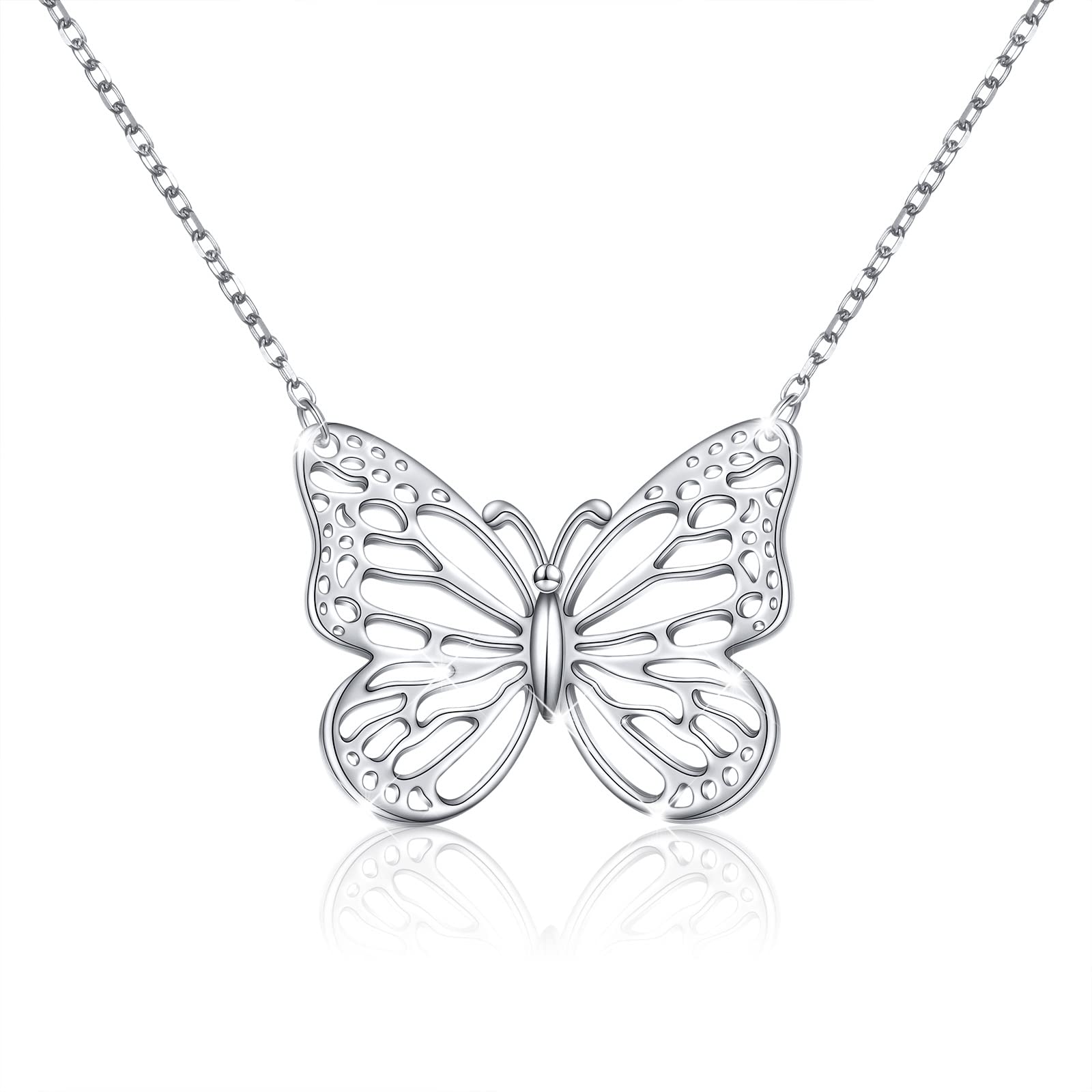 YinShan 925 Sterling Silver Simple Butterfly Necklace for Women Hollow Pendant Jewelry Good Luck Gift for Her