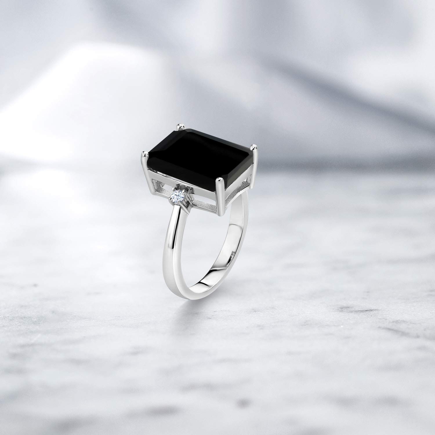 Gem Stone King 925 Sterling Silver Black Onyx and White Created Sapphire Ring For Women (6.68 Cttw, Emerald Cut 14x10MM, Gemstone December Birthstone, Available In Size 5, 6, 7, 8, 9)