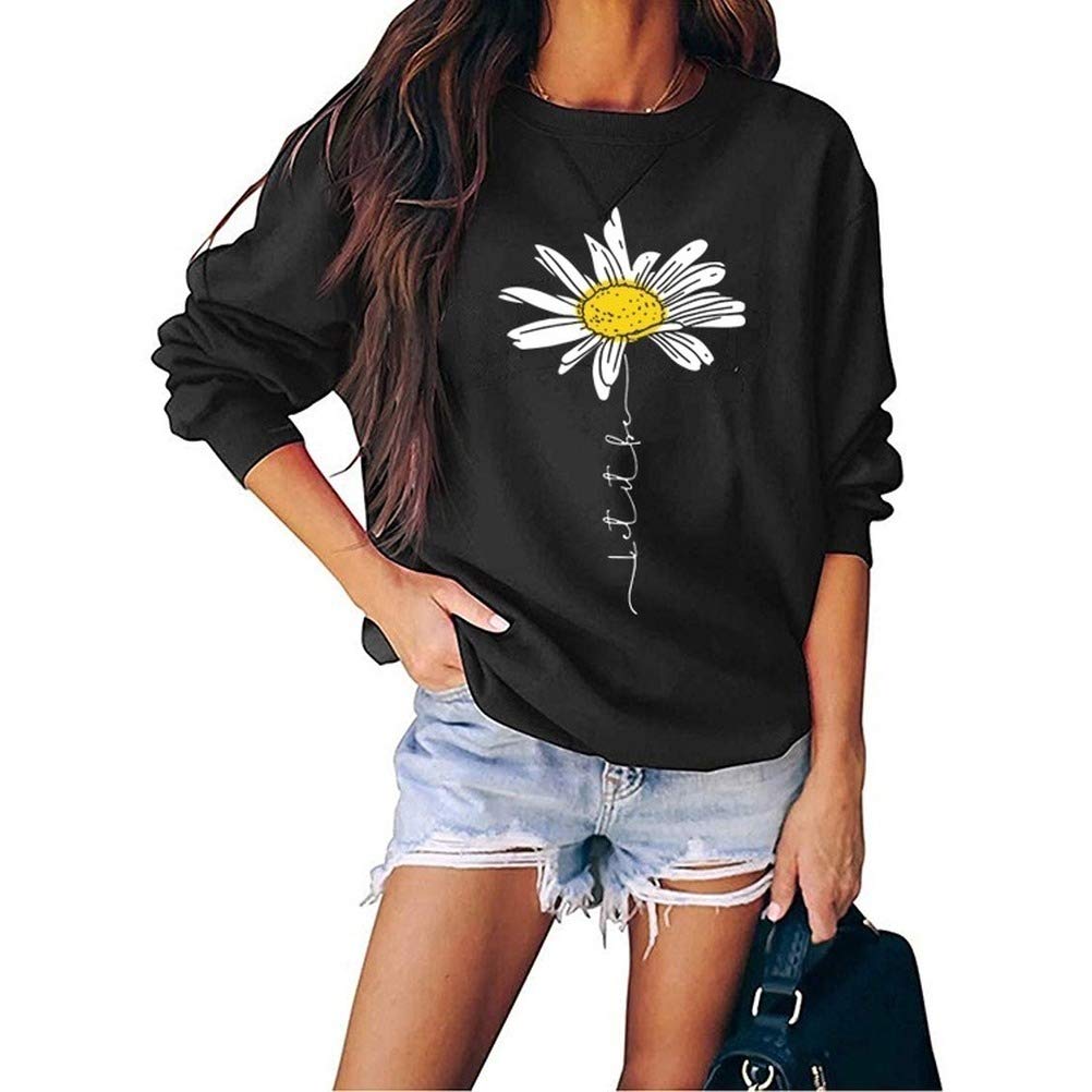 Noffish Women LET IT BE Daisy Graphic Sweatshirt Casual Loose Long Sleeve Fashion Tops (Black,2XL)