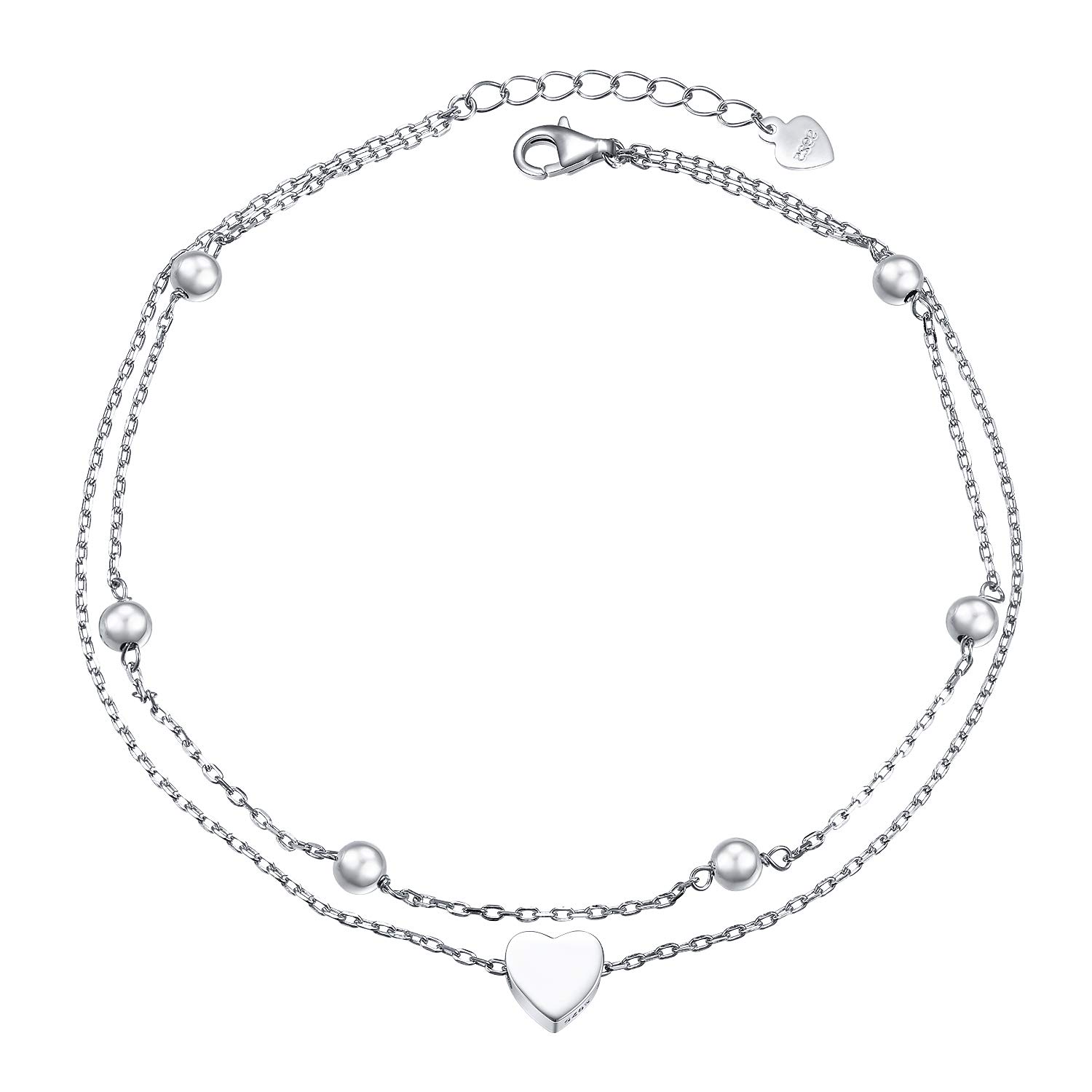 FLYOW Anklet for Women S925 Sterling Silver Adjustable Foot Beaded Heart Charm Ankle Bracelet Anklets Jewelry 11 12 inch