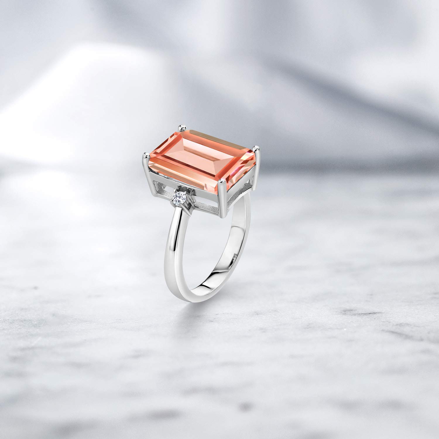 Gem Stone King 925 Sterling Silver Peach Nano Morganite and White Topaz Ring For Women (6.38 Cttw, Emerald Cut 14x10MM, Gemstone October Birthstone, Available In Size 5, 6, 7, 8, 9)