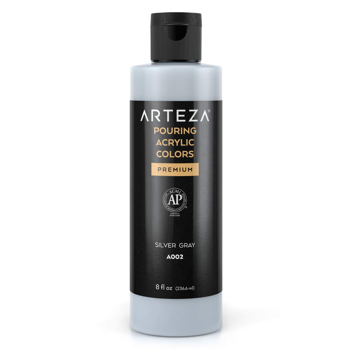 ARTEZA Acrylic Pouring Paint, 8 Ounces, A002 Silver Gray, High-Flow, No Mixing Needed, for Pouring on Canvas, Glass, Paper, Wood, Tile, & Stones