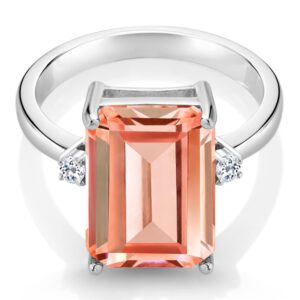 gem stone king 925 sterling silver peach nano morganite and white topaz ring for women (6.38 cttw, emerald cut 14x10mm, gemstone october birthstone, available in size 5, 6, 7, 8, 9)