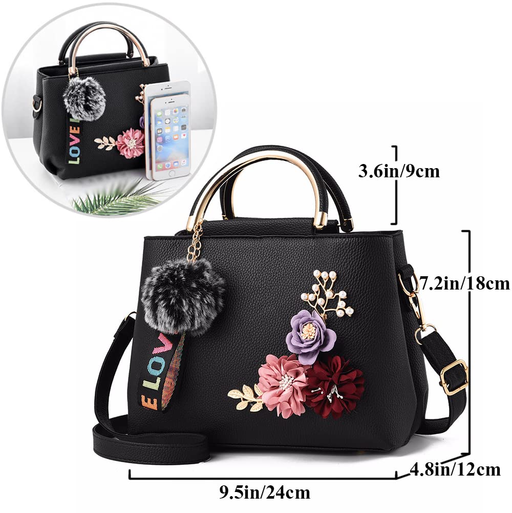 Dayfine Women Purse Top Handle Handbags PU Leather 3D Floral Inlay Satchel Bag Shoulder Crossbody Bags Ladise Medium Tote Bag with Hair Ball Pendant-Pink