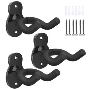 moko guitar wall mount hanger 3-pack, guitar hanger wall hook holder stand for bass electric acoustic guitar ukulele guitar wall hanger bracket guitar hanger for studio room - black