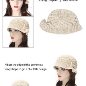 ZLYC Women Winter Crochet Bucket Hat Handmade Cotton Knit Cloche Bowler Hats (Bow Beige)