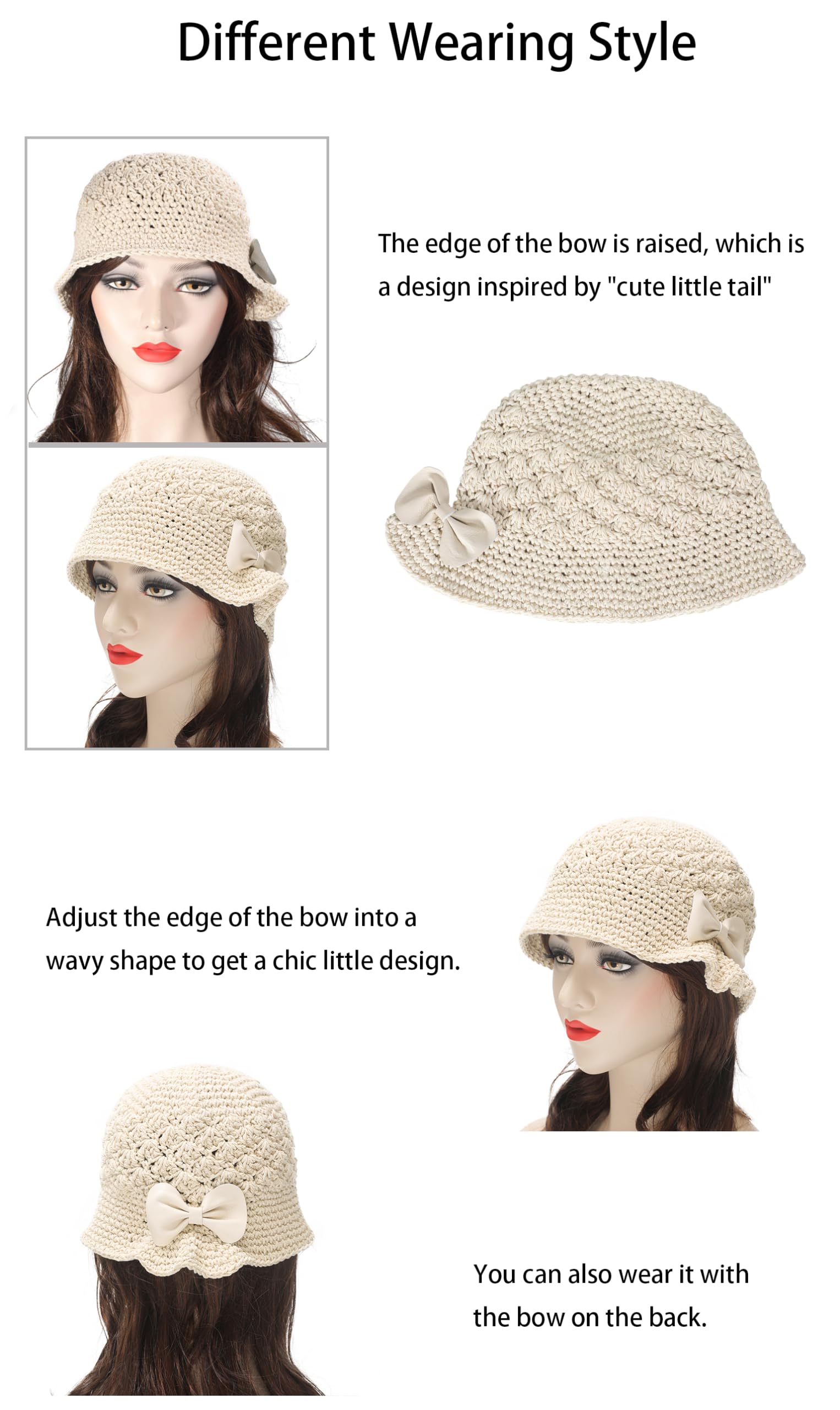 ZLYC Women Winter Crochet Bucket Hat Handmade Cotton Knit Cloche Bowler Hats (Bow Beige)