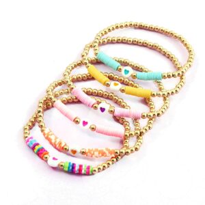 colorful bling 6pcs/pack gold beaded bracelet rainbow vinyl disc ball srting stretch heart shaped bracelets cuff bangle set for women jewelry-6pcs