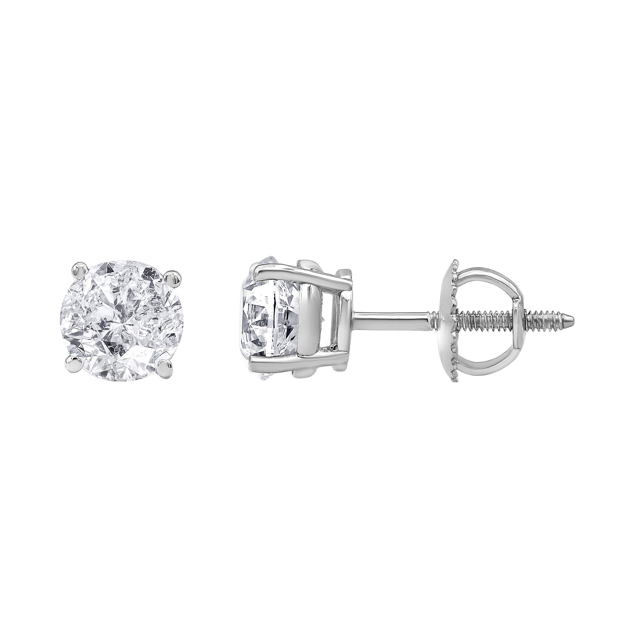 Beyond Brilliance 2.00 Carat Prong Set 14K White Gold Round Cut Solitaire Diamond Stud Earrings (J-K, I2-I3) Natural Diamond Stud Earrings For Women, Gift Box Included