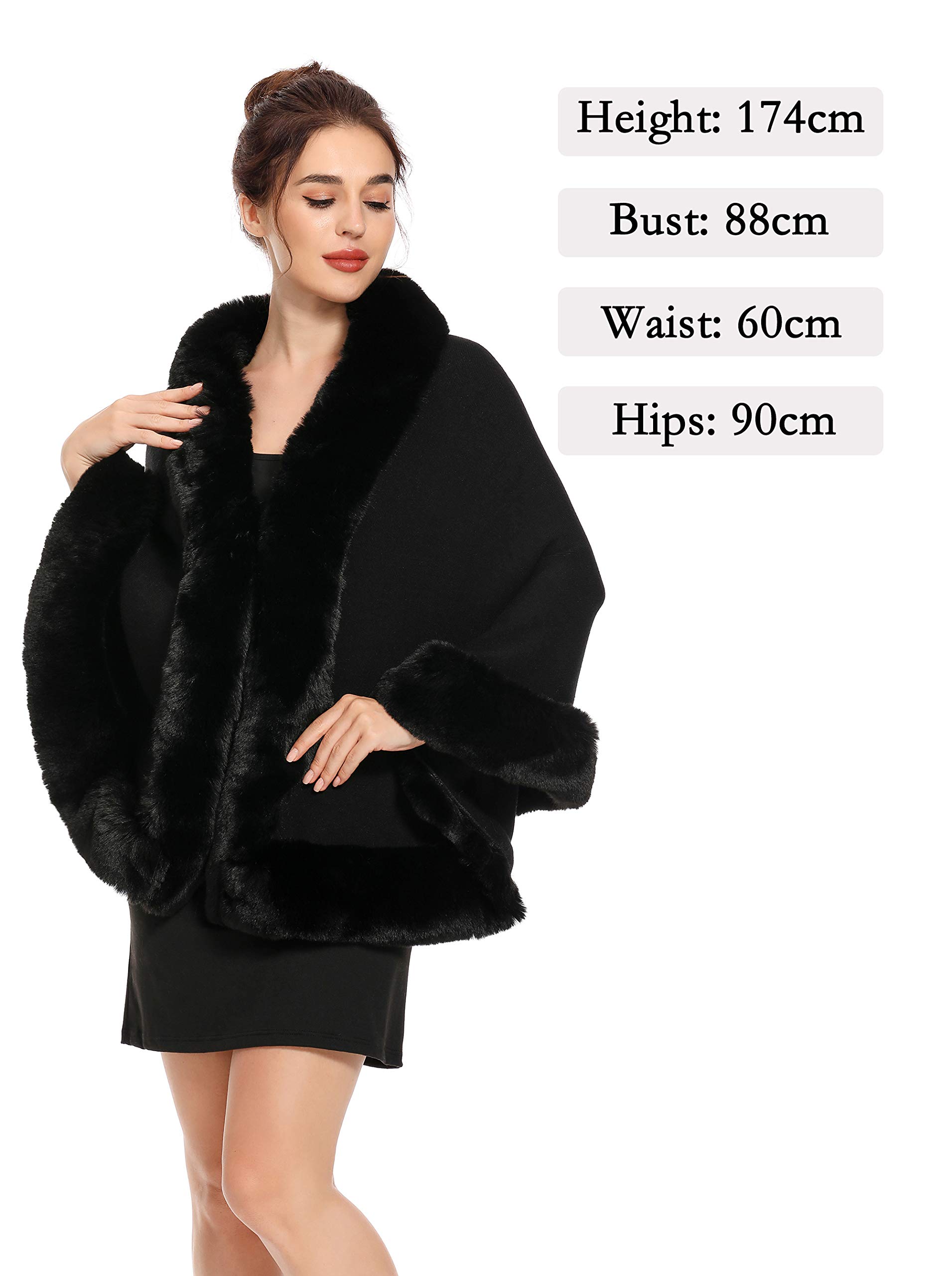 ZLYC Women Winter Faux Fur Shawl Stole Warm Wrap Cape (Black)