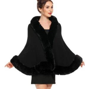 ZLYC Women Winter Faux Fur Shawl Stole Warm Wrap Cape (Black)