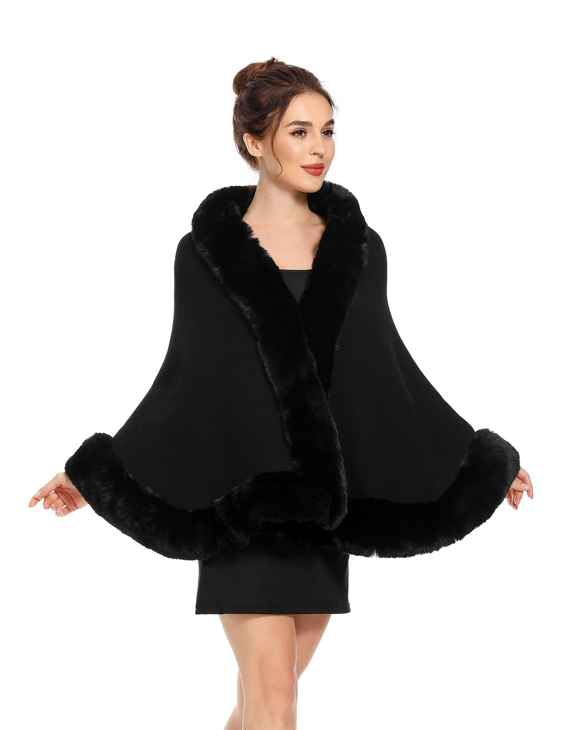 ZLYC Women Winter Faux Fur Shawl Stole Warm Wrap Cape (Black)