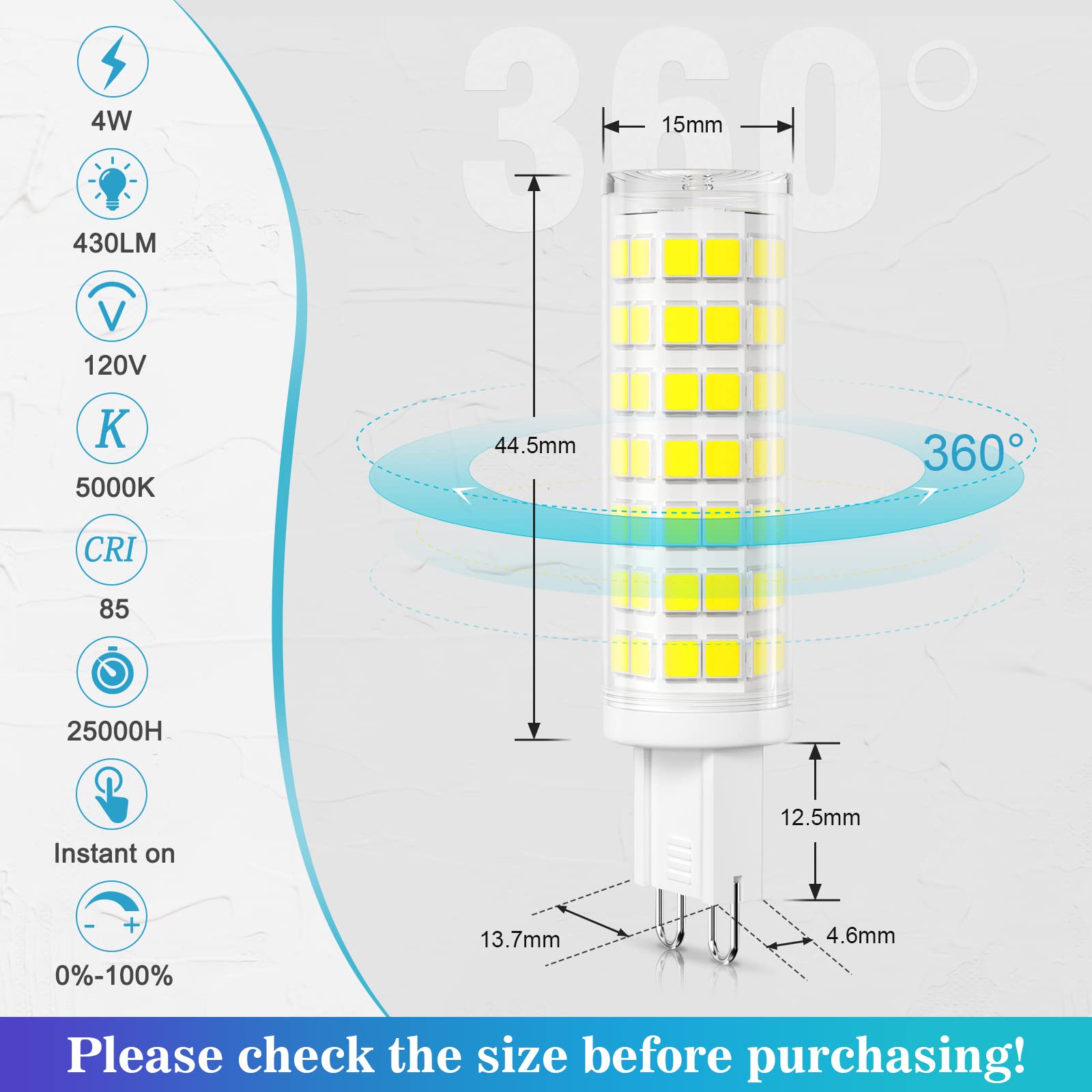 DiCUNO G9 LED Bulb Dimmable, 4W (40W Halogen Equivalent), 430LM, Daylight White 5000K 120V Bi Pin Ceramic Base Light Bulbs for Chandelier, Home Lighting (12-Pack)