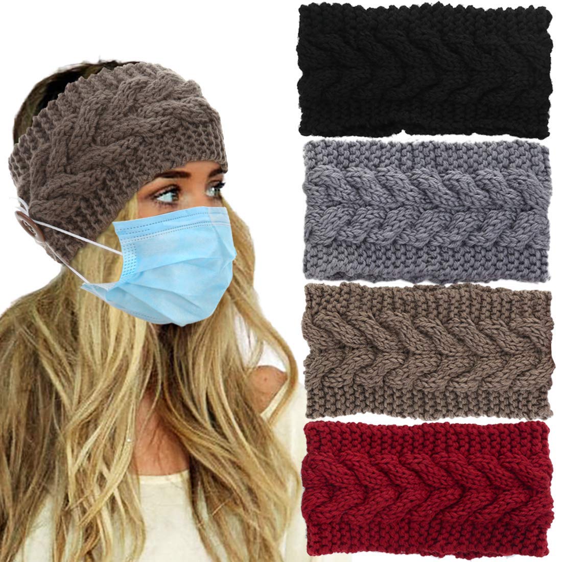 VEEJION 4 Pieces Women Knitted Headbands Winter Warm Twisted Headband with Buttons for Face Mask Cover Cold Weather Head Wrap Hair Bands for Ear Warmer