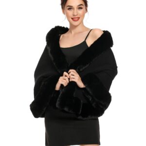 ZLYC Women Winter Faux Fur Shawl Stole Warm Wrap Cape (Black)