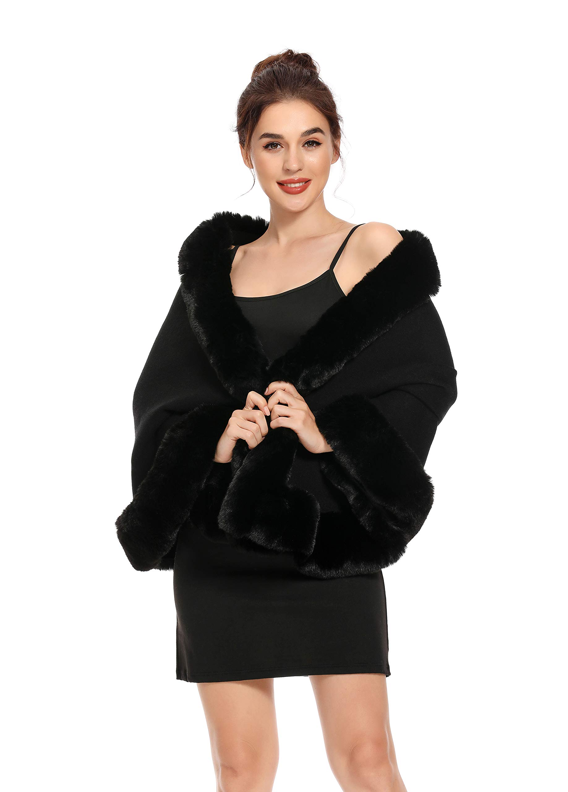 ZLYC Women Winter Faux Fur Shawl Stole Warm Wrap Cape (Black)