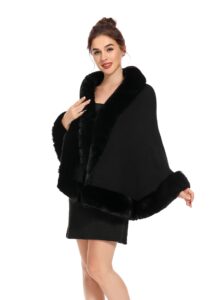 zlyc women winter faux fur shawl stole warm wrap cape (black)