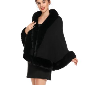 ZLYC Women Winter Faux Fur Shawl Stole Warm Wrap Cape (Black)