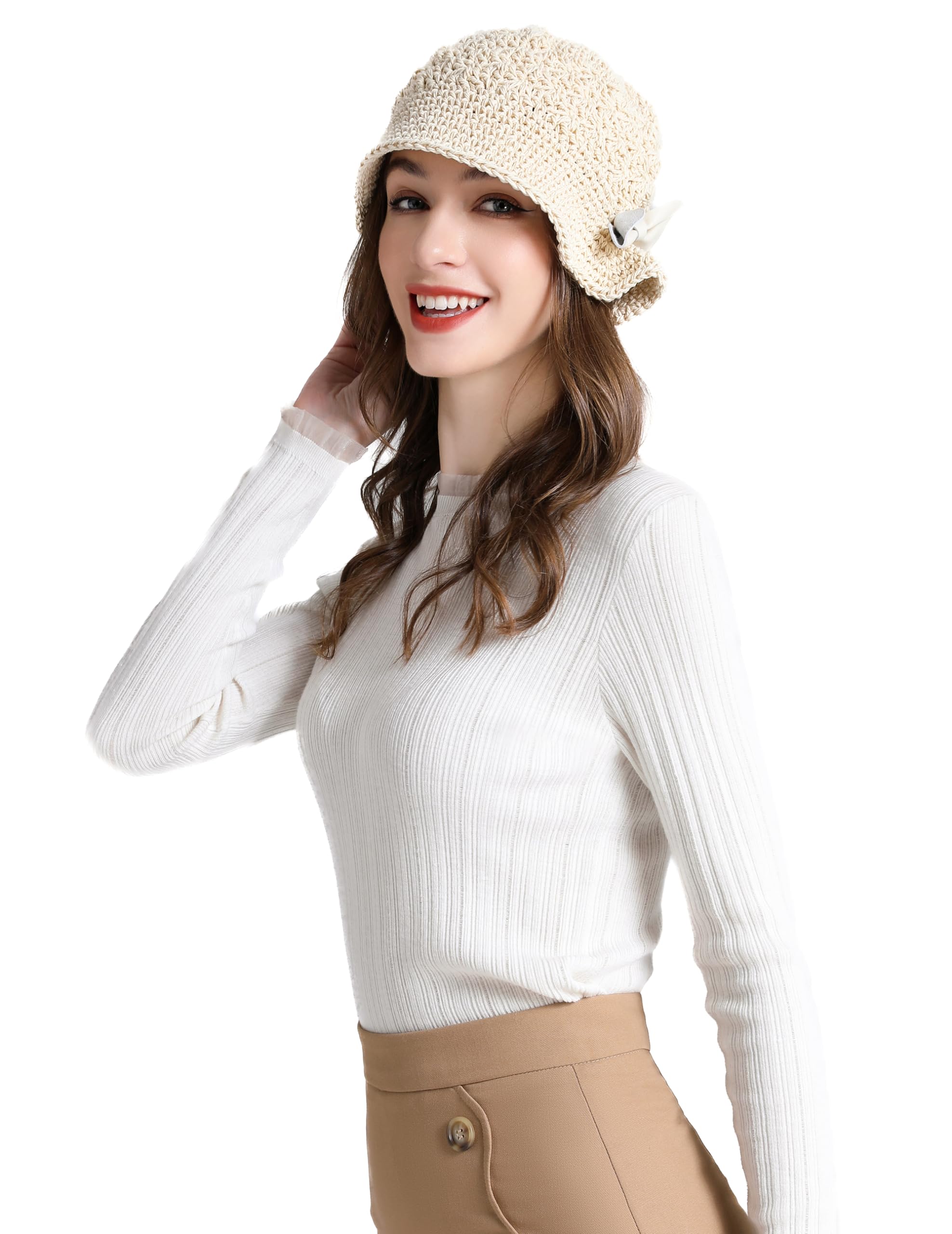 ZLYC Women Winter Crochet Bucket Hat Handmade Cotton Knit Cloche Bowler Hats (Bow Beige)