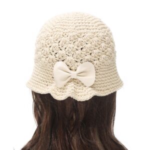 ZLYC Women Winter Crochet Bucket Hat Handmade Cotton Knit Cloche Bowler Hats (Bow Beige)