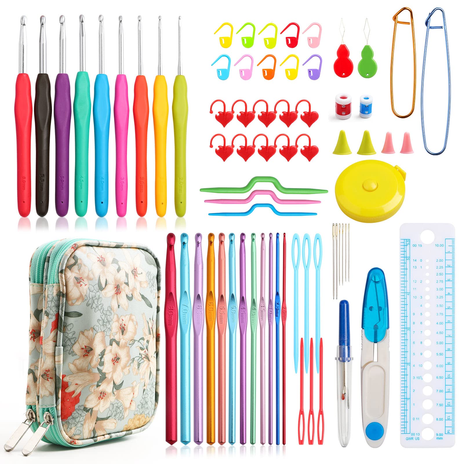 KOKNIT Crochet Hooks Set with Case,9 Ergonomic Crochet Hooks with Soft Grip,12 Aluminum,Full Crochet Kit for Beginners Adults with Crochet Tools and Accessories