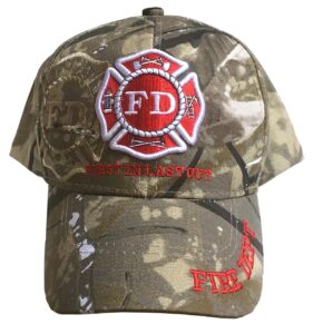 fire department - first in last out fireman officer gear uniform baseball cap hat adjustable (camo)