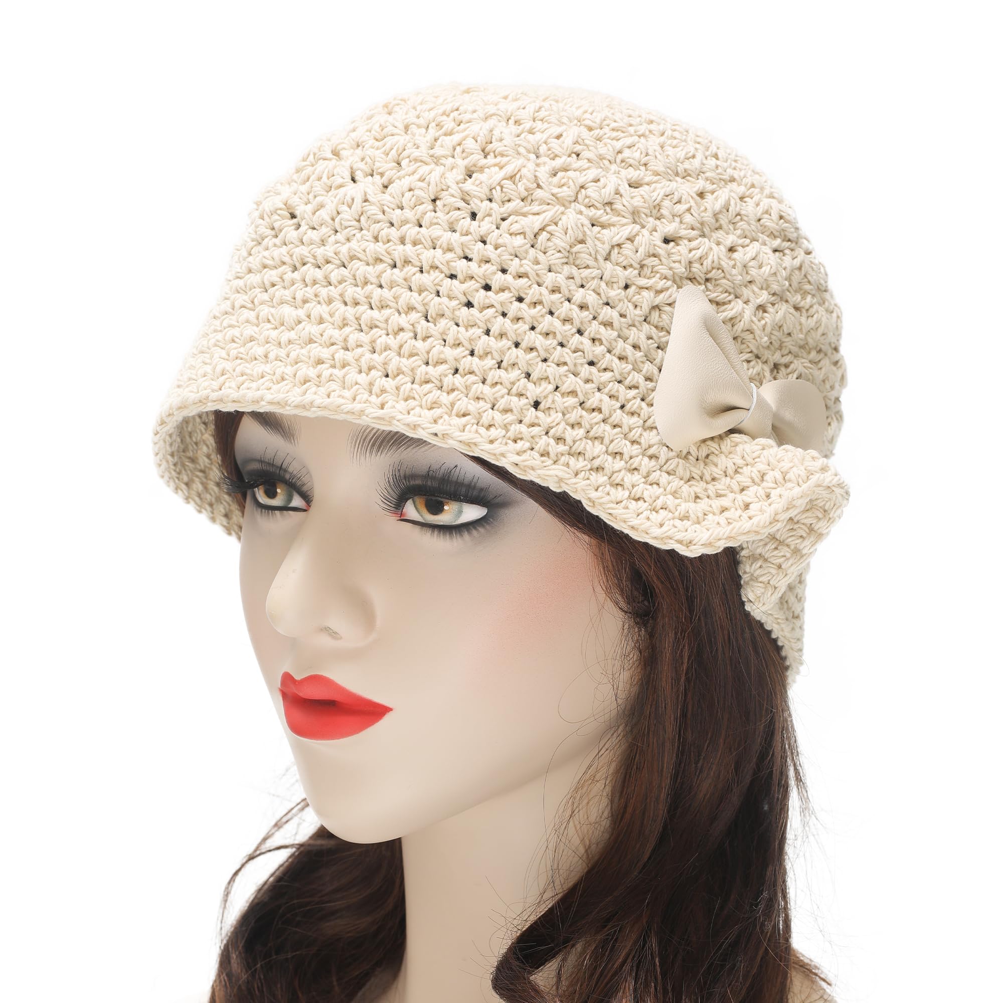 ZLYC Women Winter Crochet Bucket Hat Handmade Cotton Knit Cloche Bowler Hats (Bow Beige)