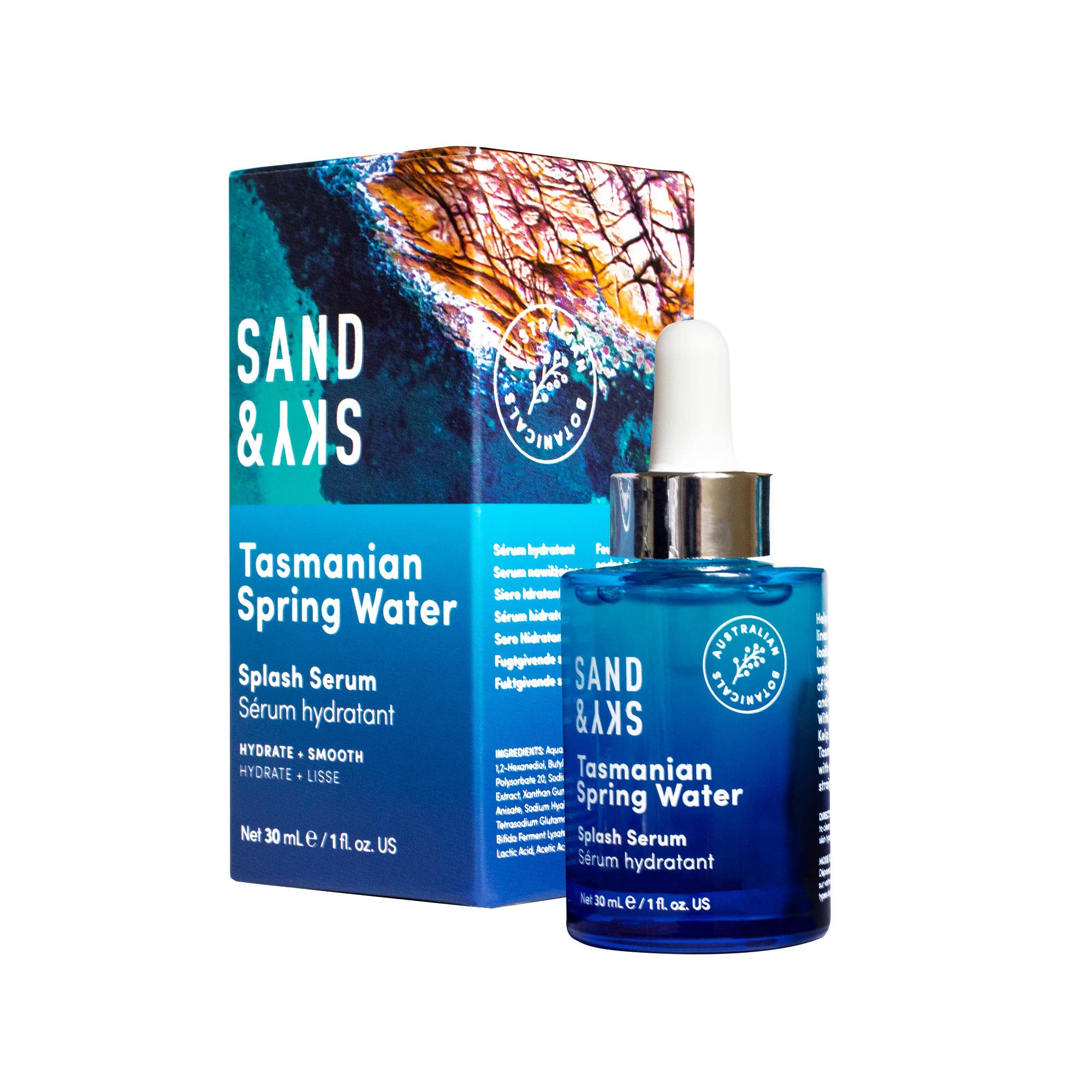 Sand & Sky Tasmanian Spring Water Splash Serum. Hyaluronic Acid for soft and plump skin.