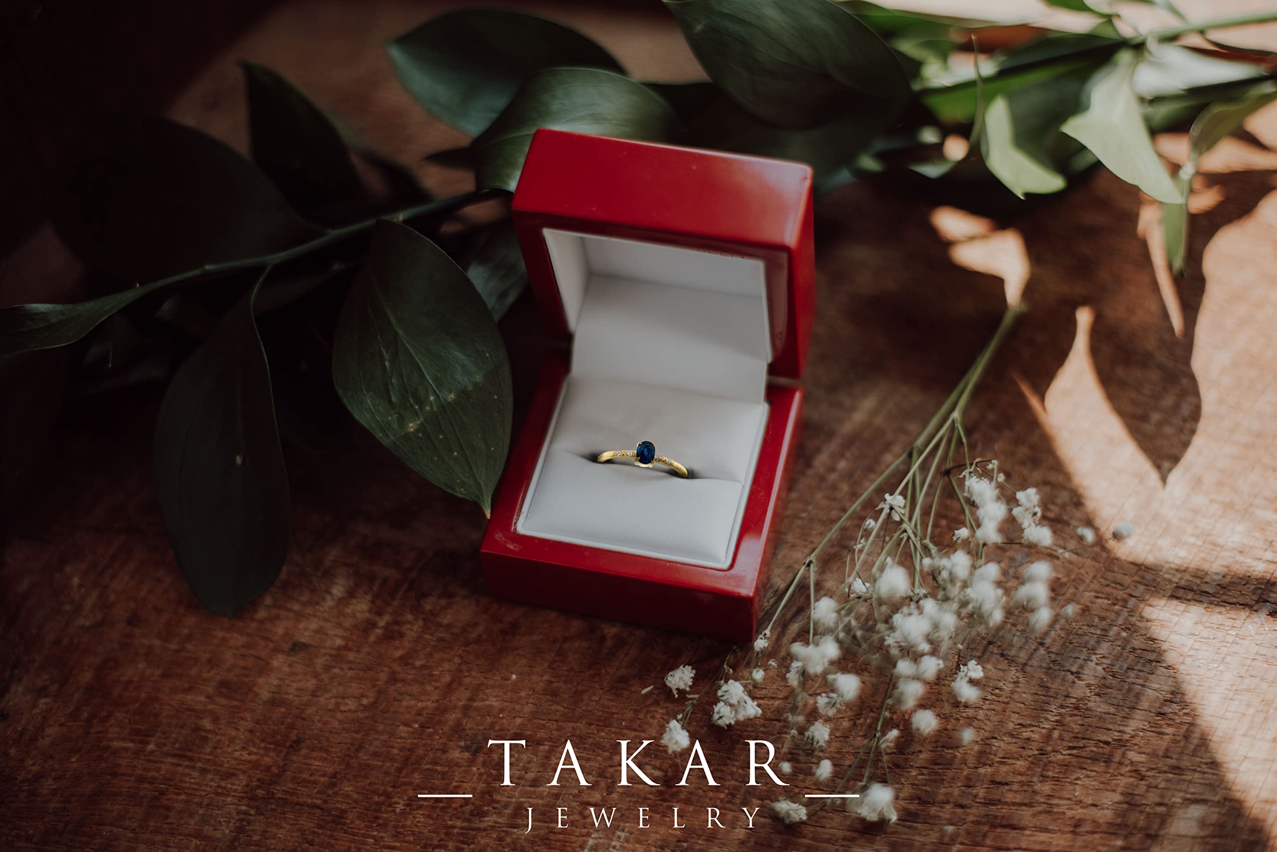 Takar Elegant 10k Yellow Gold Diamond and Genuine Oval Sapphire Stackable Ring (Size 5.25)