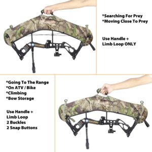 SUNYA Neoprene Compound Bow Sling, Silent Hunting or Fast Movement 2 Carrying Modes Switchable. Padded Shoulder Sling Removable & Adjustable. Camouflage Fabric. (Camo with Green Strap)